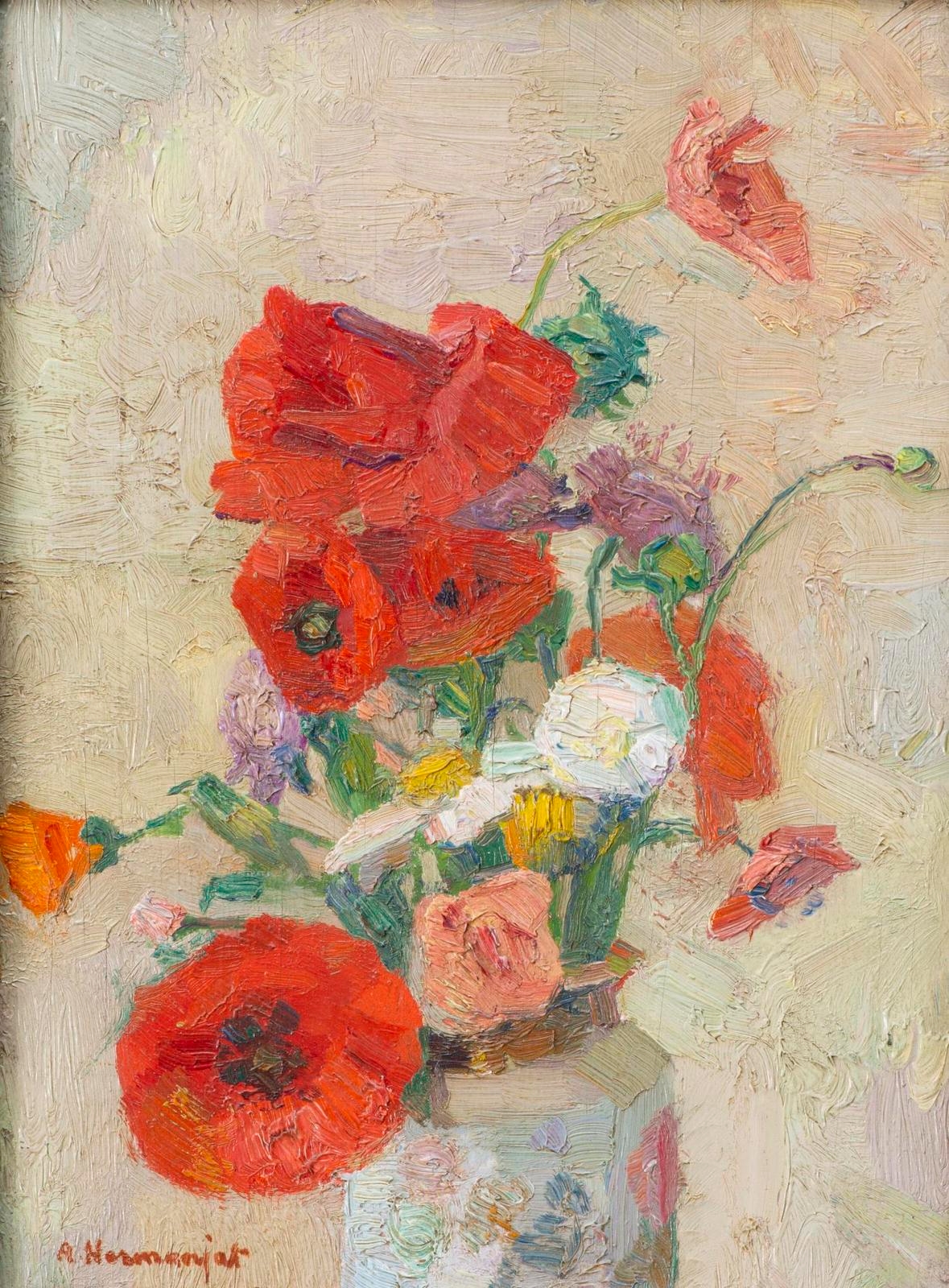 Jacques Elie Abraham Hermanjat | Nature morte aux coquelicots; Femme travaillant aux champs ...