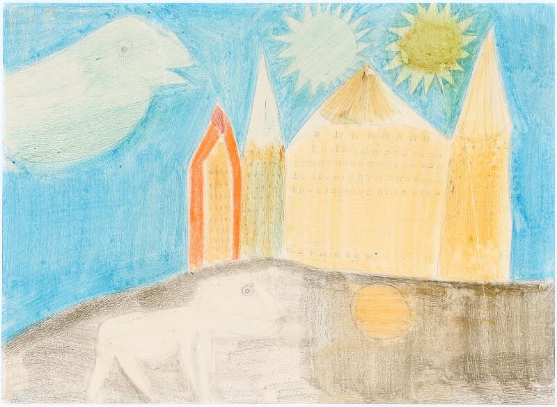 Carl-Henning Pedersen | Landscape with figures and suns (1956) | MutualArt