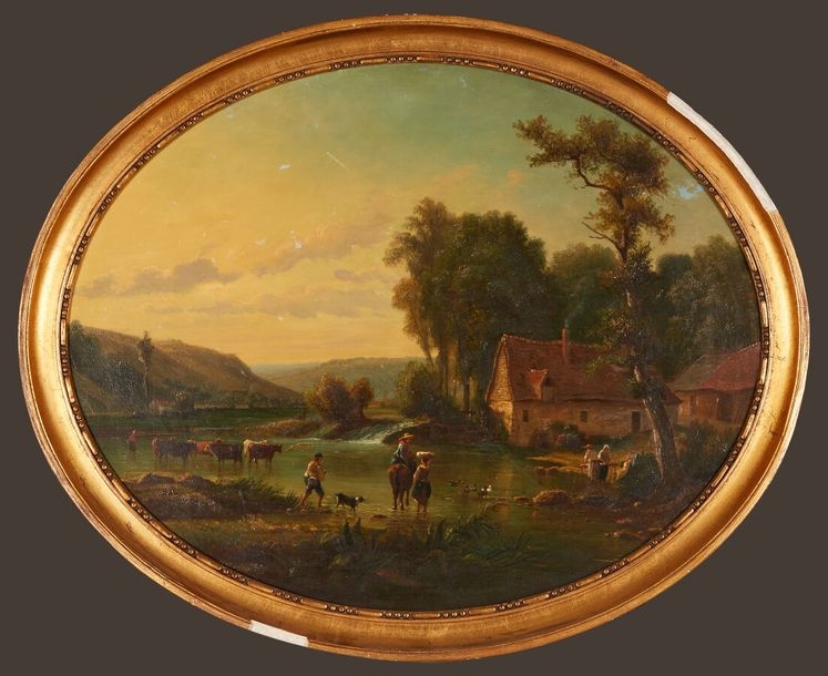 French School, 19th Century | Lake landscape animated with characters ...