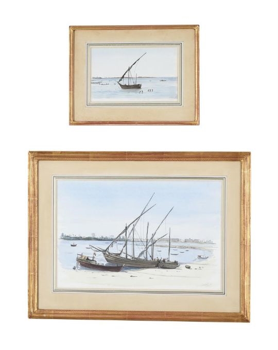 Graham Rust | TWO INDIAN RIVER SCENES WITH BOATS ALONG A SHORE | MutualArt