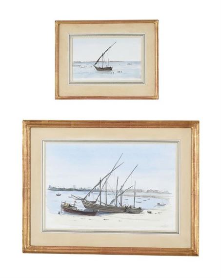 Graham Rust | TWO INDIAN RIVER SCENES WITH BOATS ALONG A SHORE | MutualArt