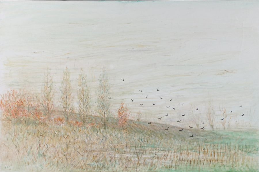 Elinor Bellingham-Smith | 1988) Panoramic landscape with flock of birds ...