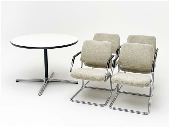 Herman Miller | Mid Century Round Table and Reverse Cantilevered Chairs ...