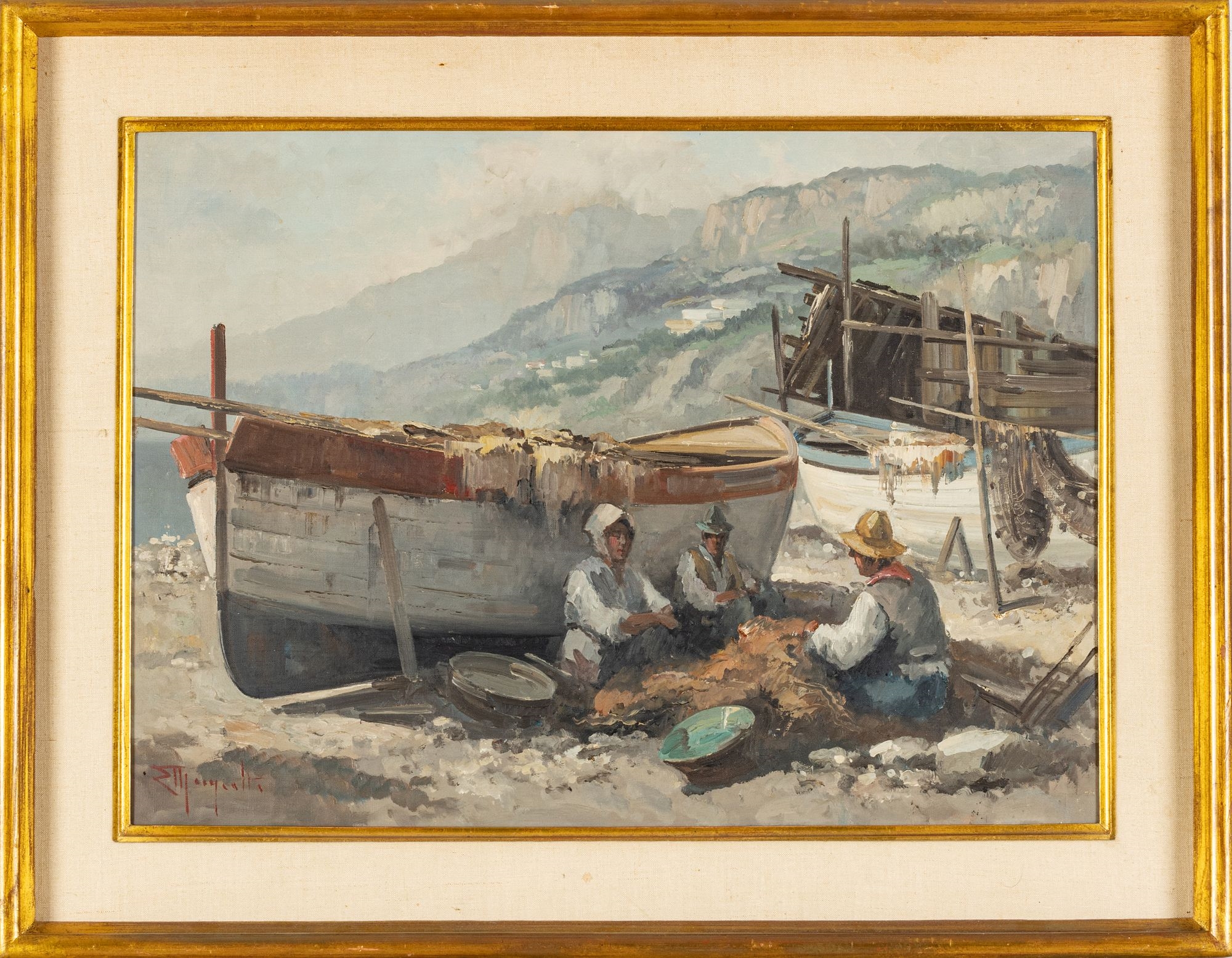 Ercole Magrotti | Figures Mending Nets Next To A Vessel | MutualArt