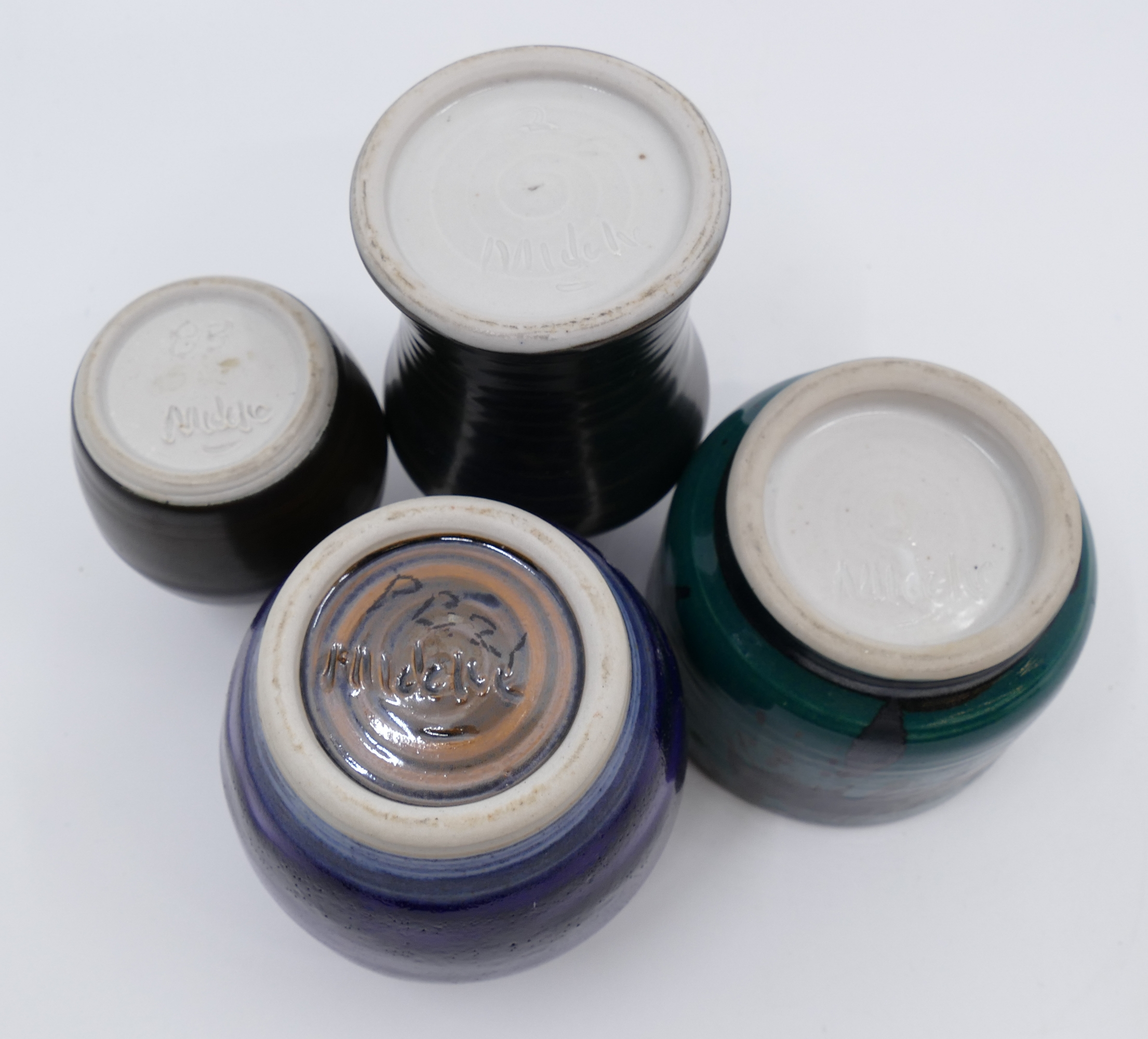 Louis Mideke | 4pc Louis Mideke Blue & Black Glazed Small Vases and Cup ...