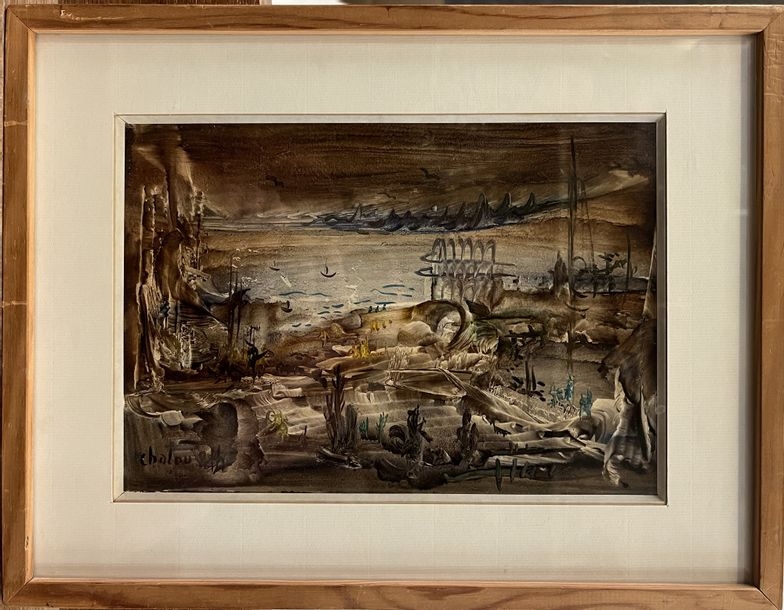 Pierre Chalou | Surrealist landscape Gouache | MutualArt