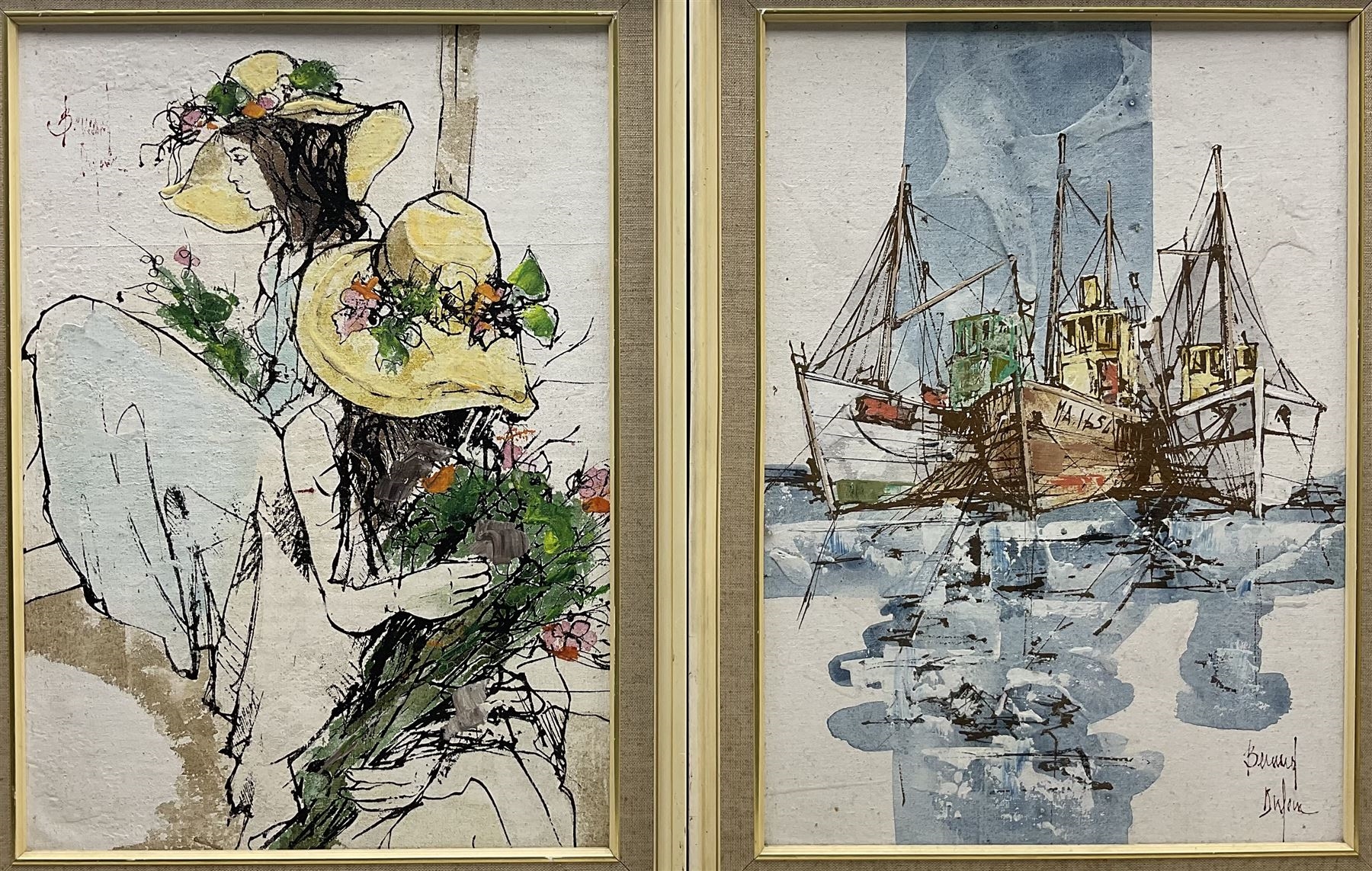 Bernard Dufour | Two Ladies in Hats and Boats Moored | MutualArt