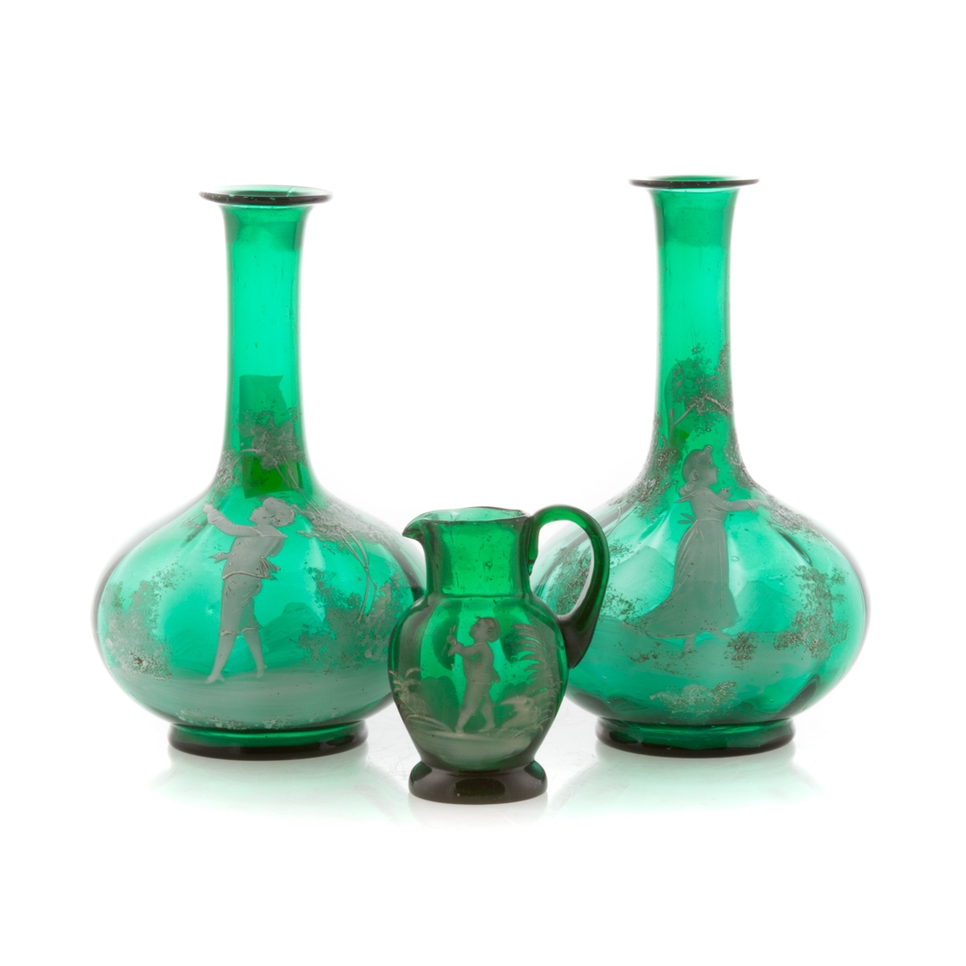 Mary Gregory | Three Mary Gregory emerald glass articles | MutualArt