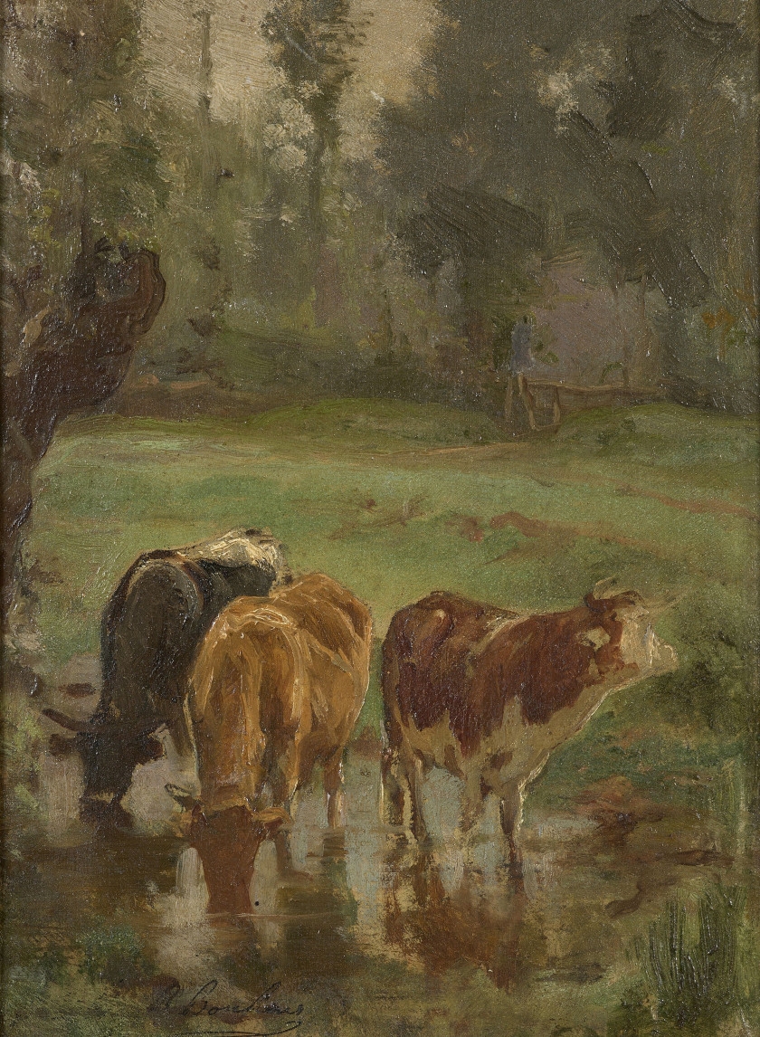 Auguste Bonheur | Trois vaches s'abreuvant | MutualArt