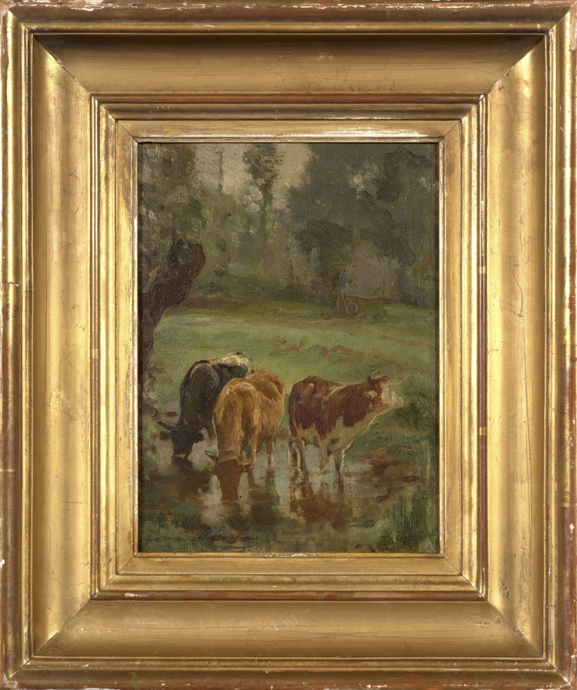 Auguste Bonheur | Trois vaches s'abreuvant | MutualArt