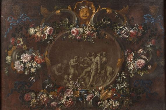 Flemish School, 18th Century | Guirlande de fleurs entourant un cartouche en grisaille ...