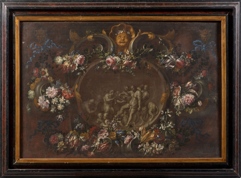 Flemish School, 18th Century | Guirlande de fleurs entourant un cartouche en grisaille ...