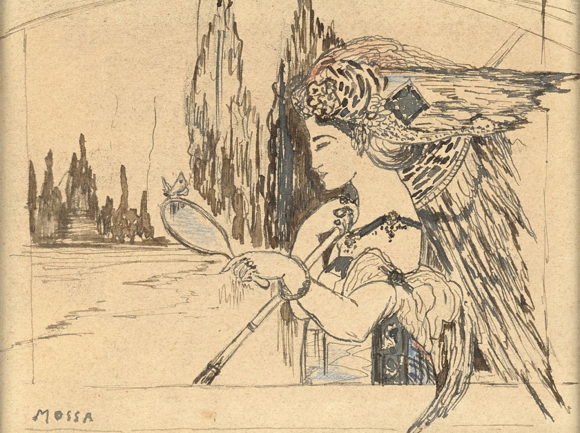 Gustave Adolphe Mossa | Jeune femme au miroir et au papillon | MutualArt