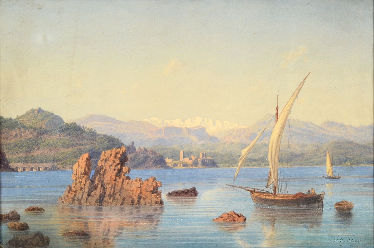 Joseph Contini | Coastal landscape with fishing boat in a bay (1876 ...