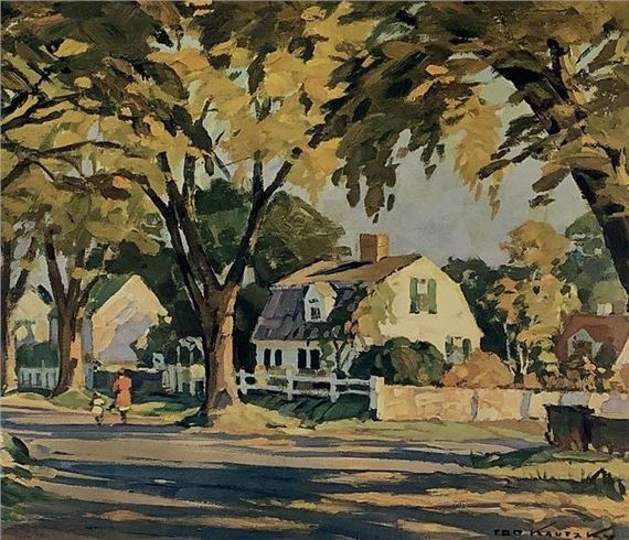 Theodore Kautzky | Tree line street scene with figure walking | MutualArt