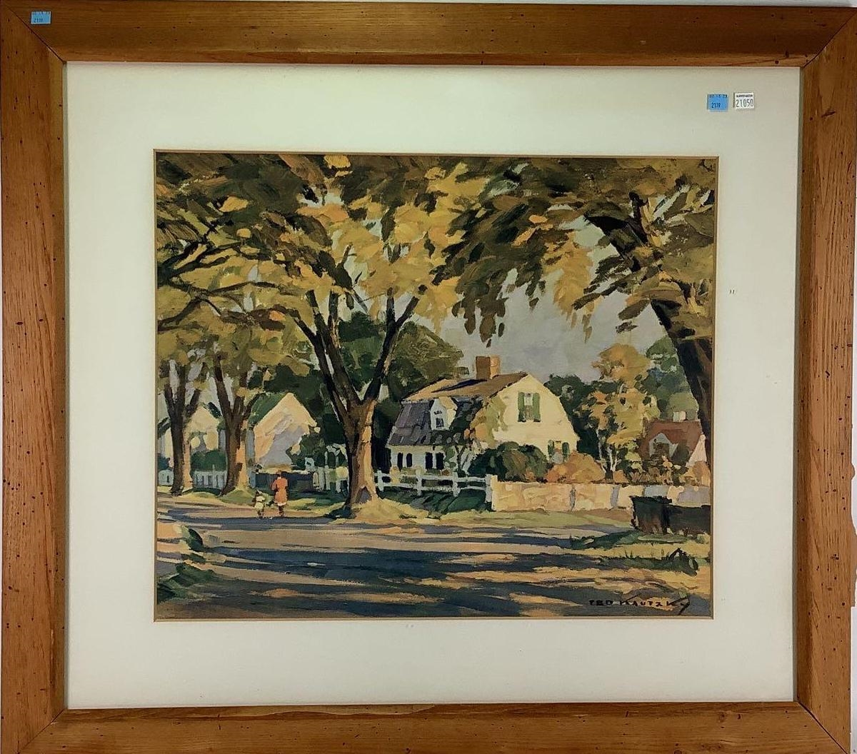 Theodore Kautzky | Tree line street scene with figure walking | MutualArt