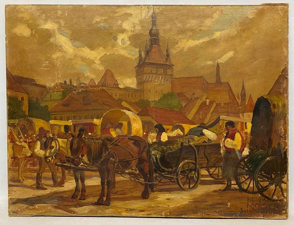 Hermann Molzer | Escena de pueblo con carro | MutualArt