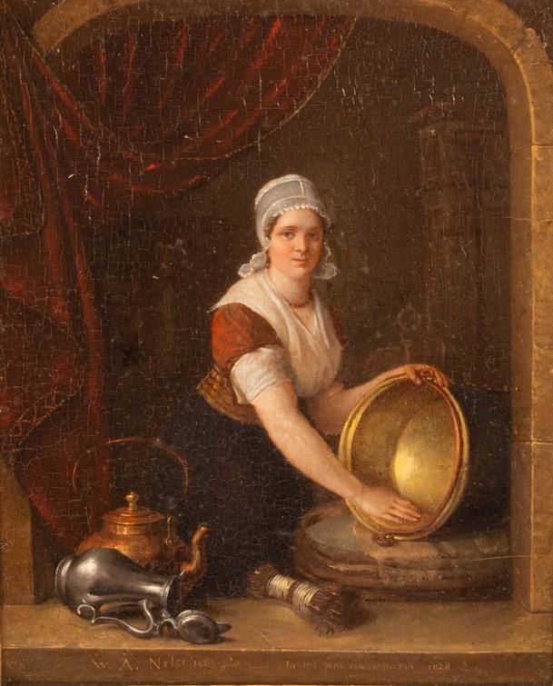 Gerrit Dou | Woman Cleaning a Brass Pan (1828) | MutualArt