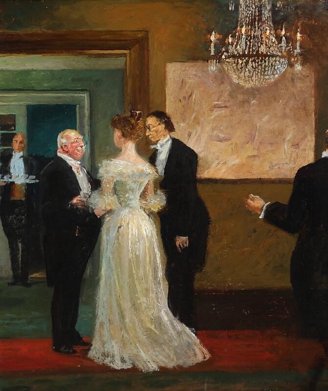 Hans Nikolaj Hansen | Three persons in conversation at an eveningparty ...