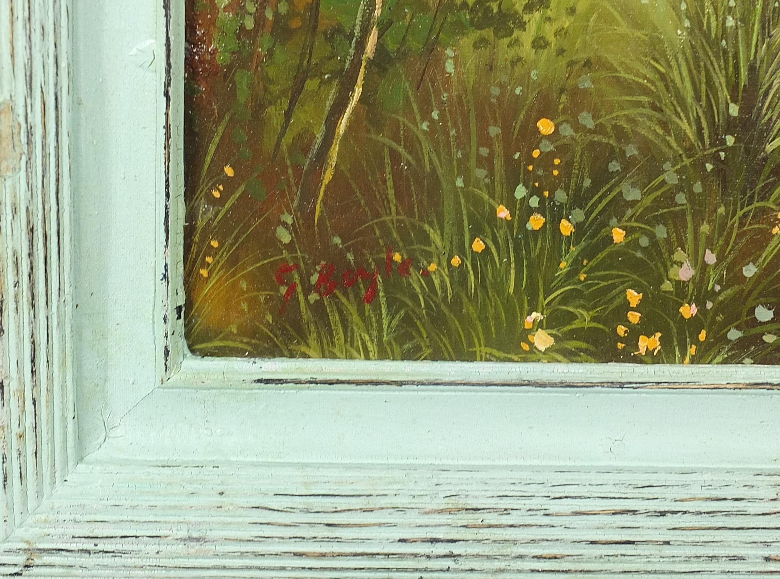 George A. Boyle | Female feeding chickens before trees | MutualArt