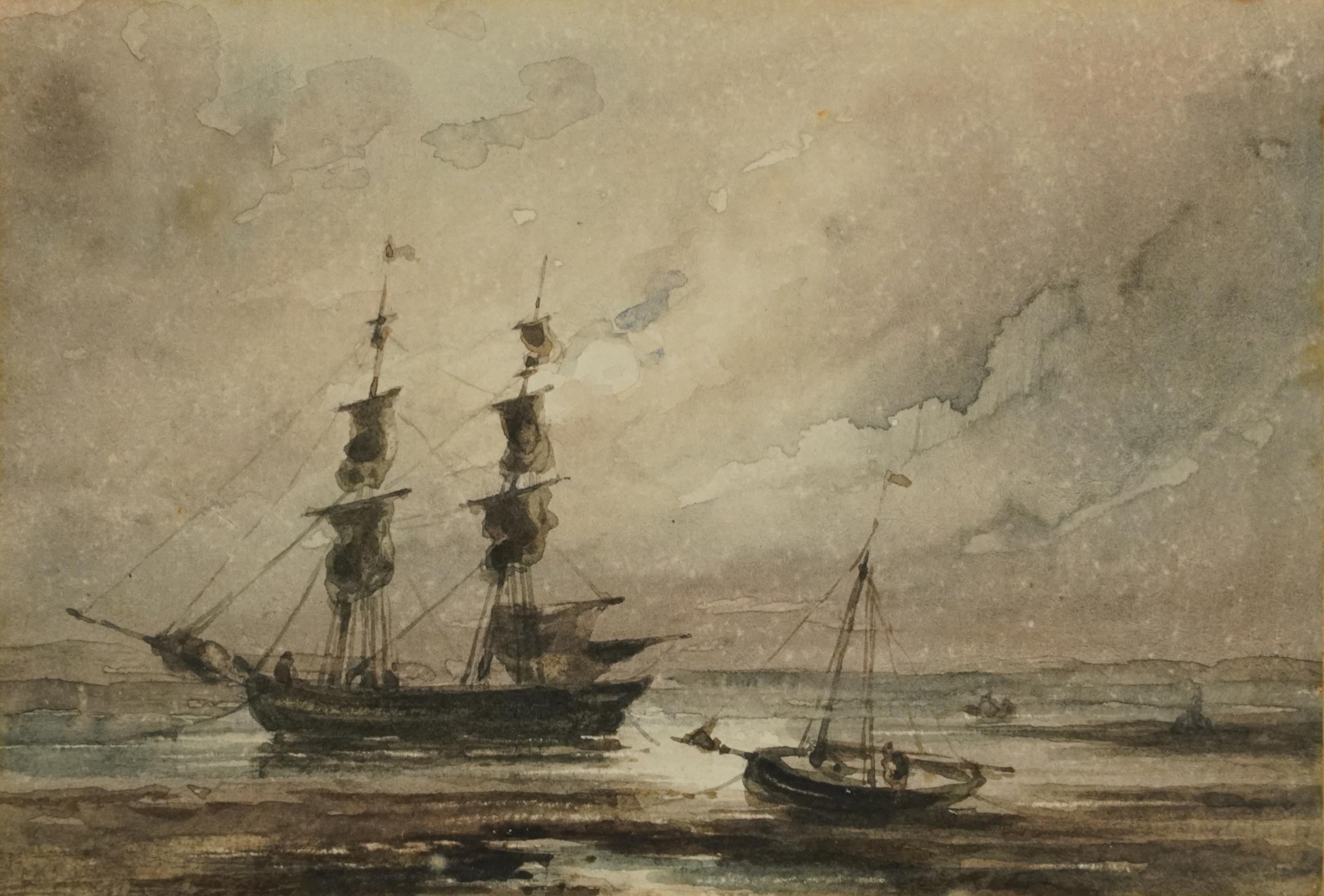 George Rowe | Coastal scene with ship at twilight (19th Century ...