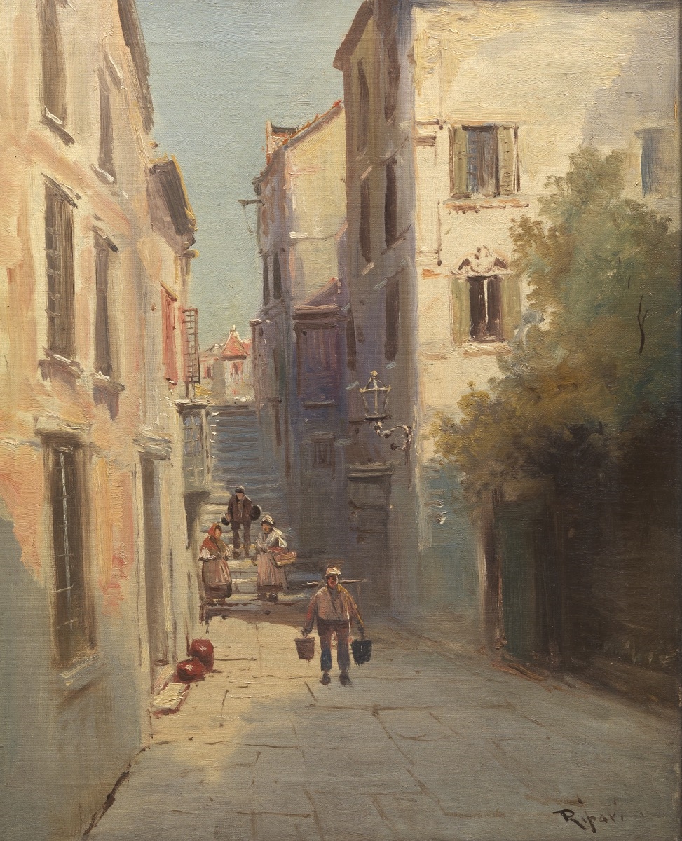Virgilio Ripari | Italian cityscape with dwellers | MutualArt