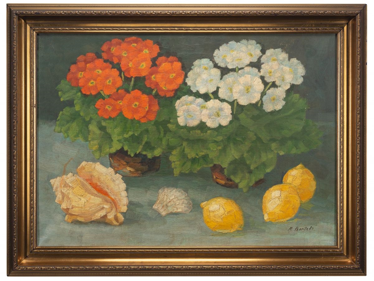 Rudolf Bartels | Flower still life with lemons and shells. Oil on ...
