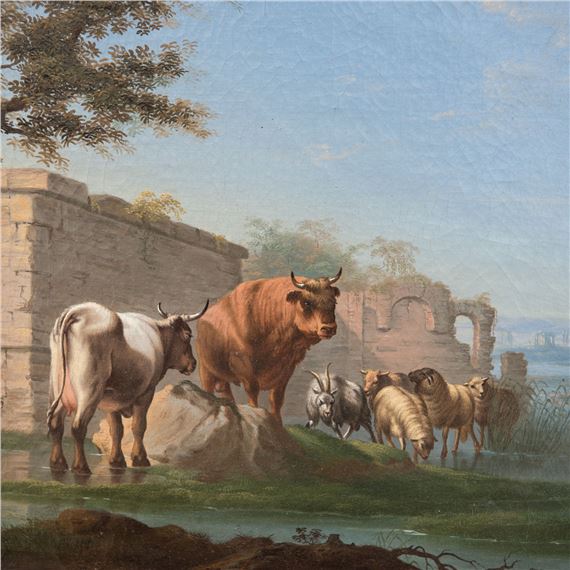 Jacob Philippe Hackert | cows and sheep in classical landscape | MutualArt