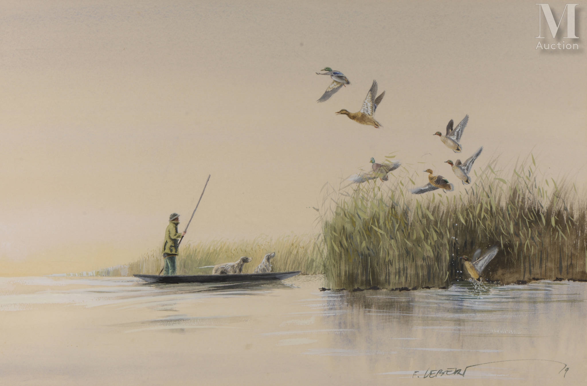 François Lebert | L'envol des canards devant la barque | MutualArt