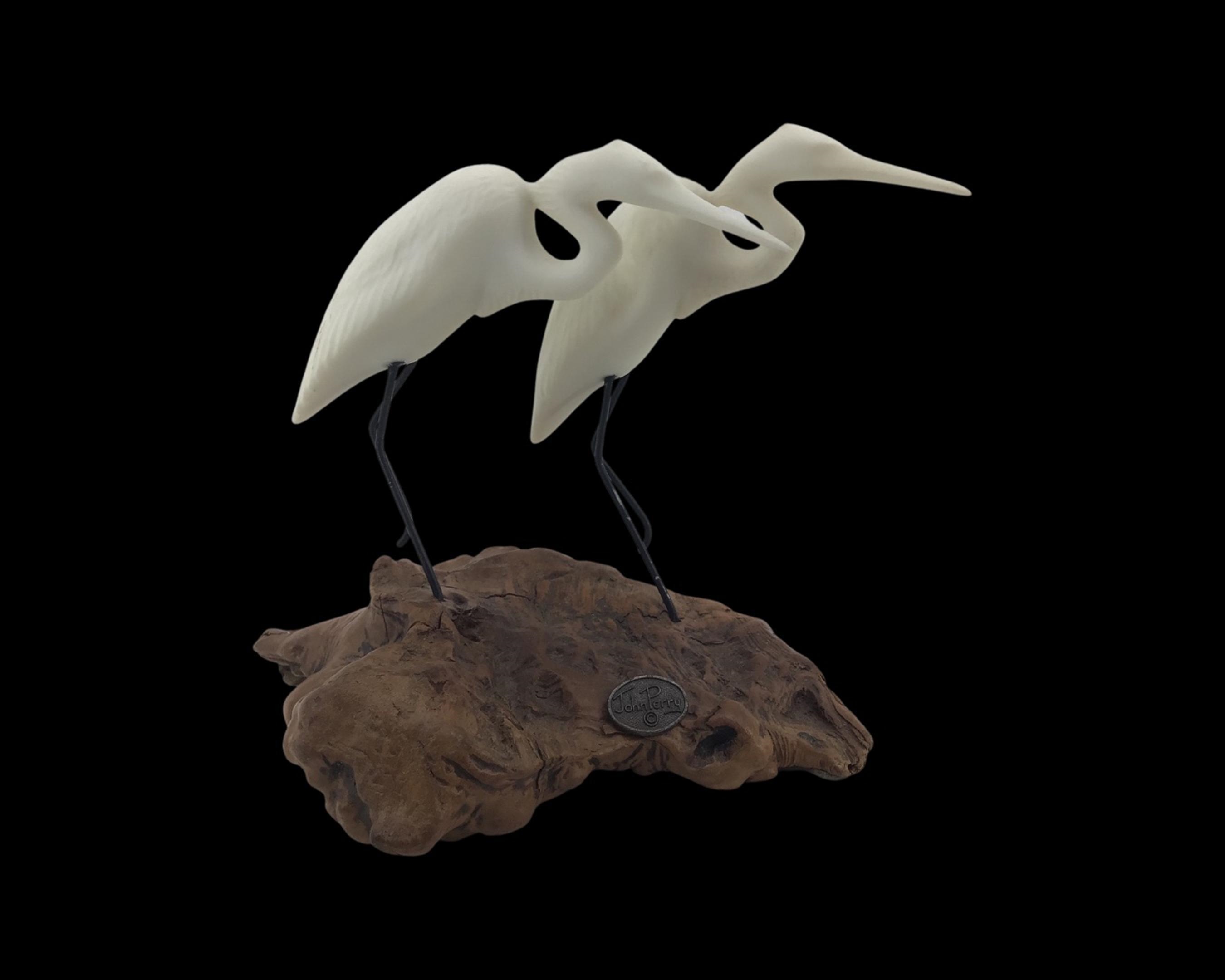 John Perry | Vintage John Perry Resin on Burl Egrets | MutualArt