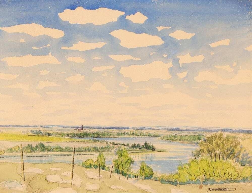 Robert Newton Hurley | SASKATCHEWAN RIVER WITH DISTANT TOWN | MutualArt