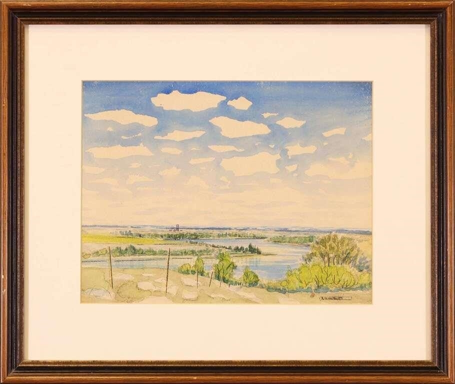 Robert Newton Hurley | SASKATCHEWAN RIVER WITH DISTANT TOWN | MutualArt