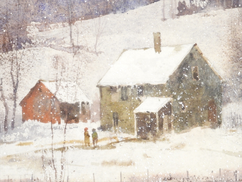 Bernard Corey | Bernard Corey Winter Farm Landscape WC Painting | MutualArt