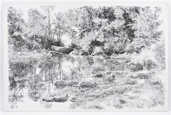 Herbert Lewis | Herbert Fink Forest Stream Landscape Ink Drawing ...