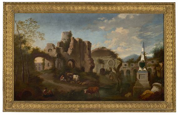 Jan Griffier II | An Italianate landscape with figures before classical ...