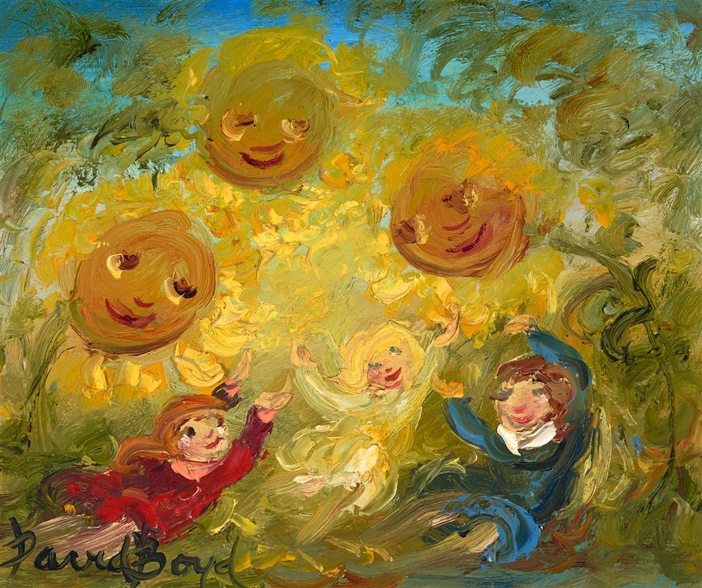 David Boyd | Playing Children with Smiling Sunflowers | MutualArt