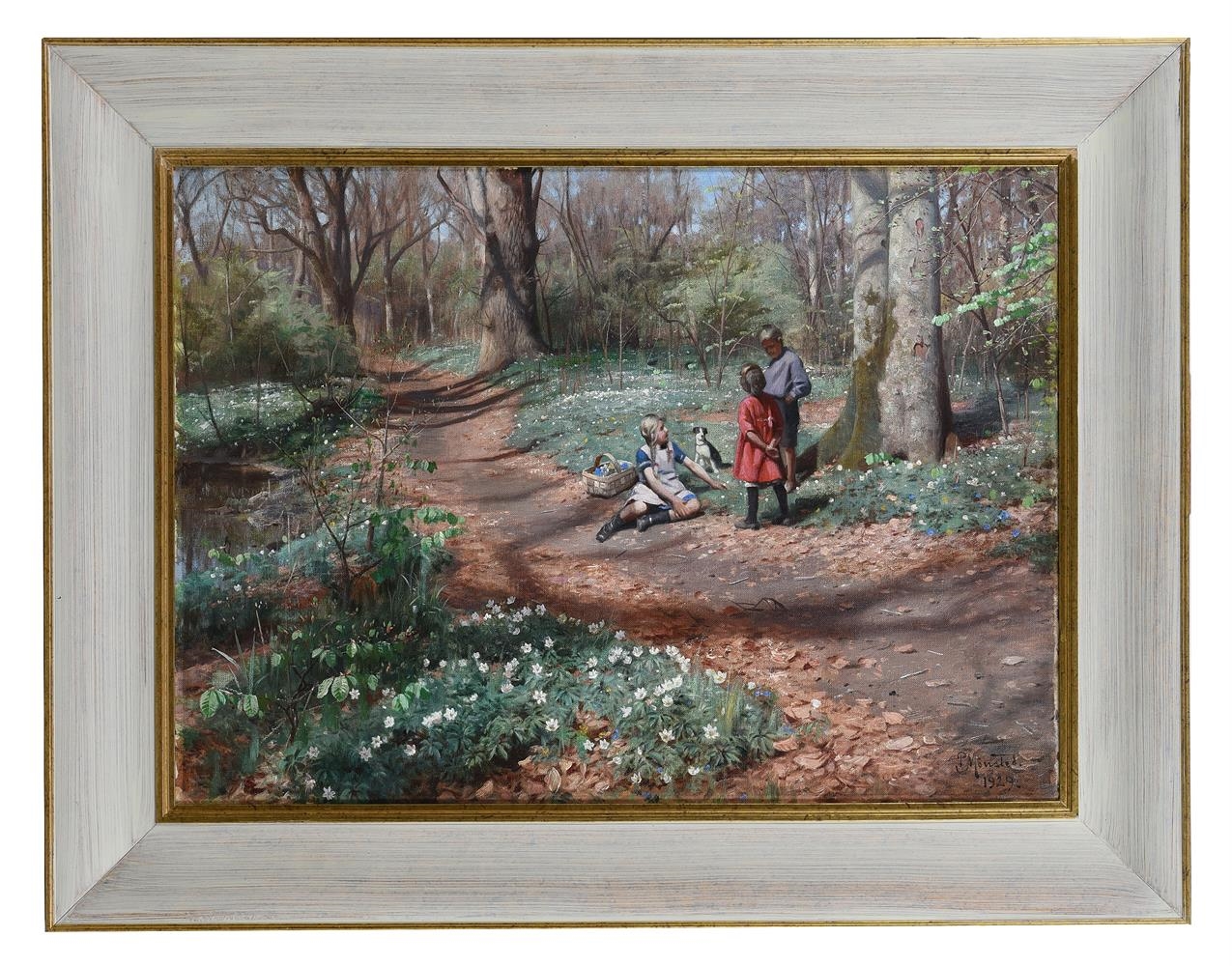 Peder Mork Monsted | CHILDREN PICKING FLOWERS IN A SPRING WOOD | MutualArt