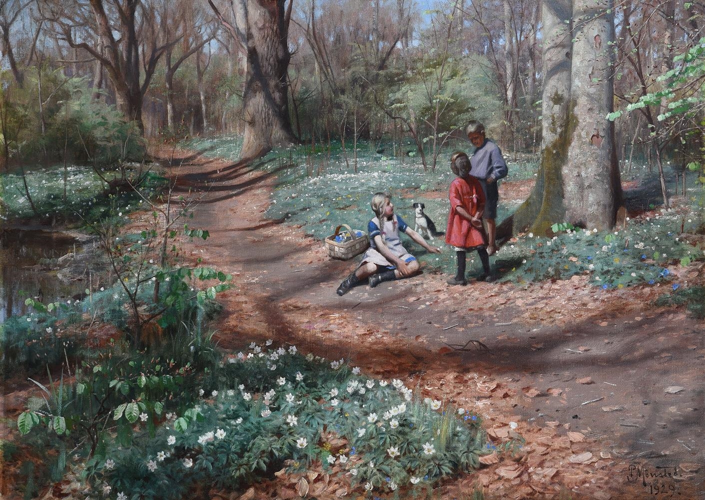 Peder Mork Monsted | CHILDREN PICKING FLOWERS IN A SPRING WOOD | MutualArt