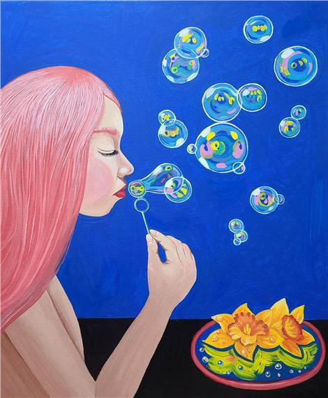 Grim Hwang | Girl blowing soap bubbles (2022) | MutualArt
