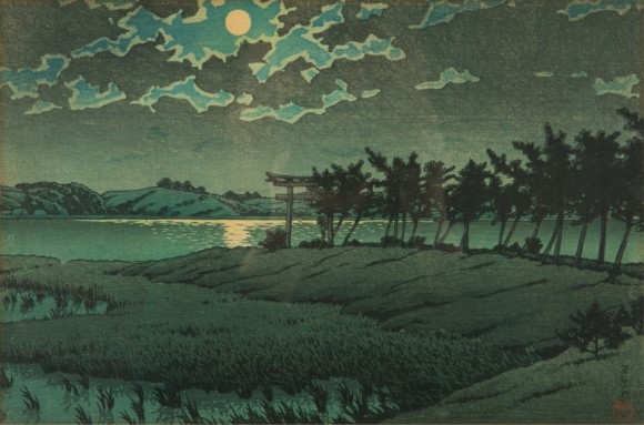 Hasui Kawase | depicting a full moon over Hiroura in lake Hinuma in ...