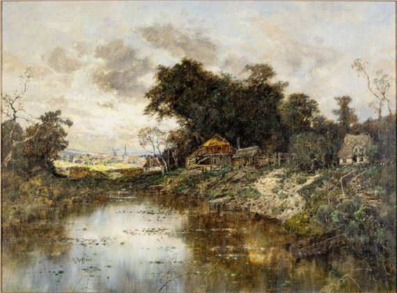 Karl Heffner | Barn with Cottage and Creek | MutualArt