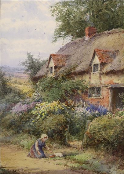 Henry John Sylvester Stannard | Child and kitten beside a thatched ...
