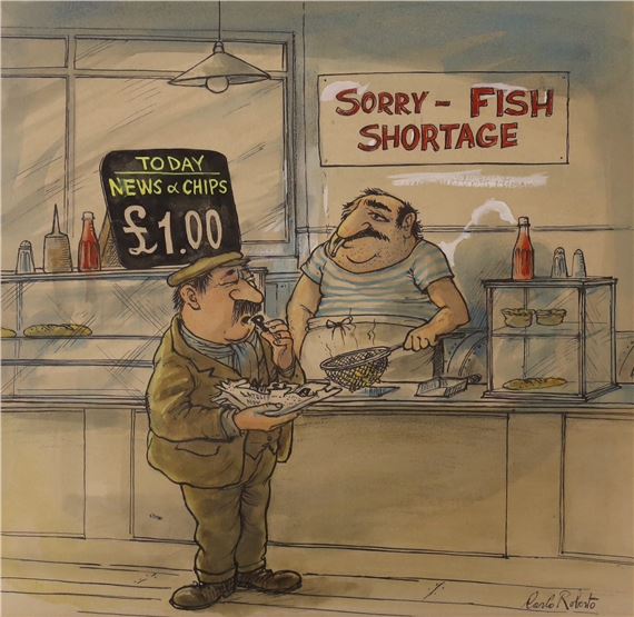 Carlo Roberto | Fish and Chip Shop caricature 'Fish Shortage' | MutualArt