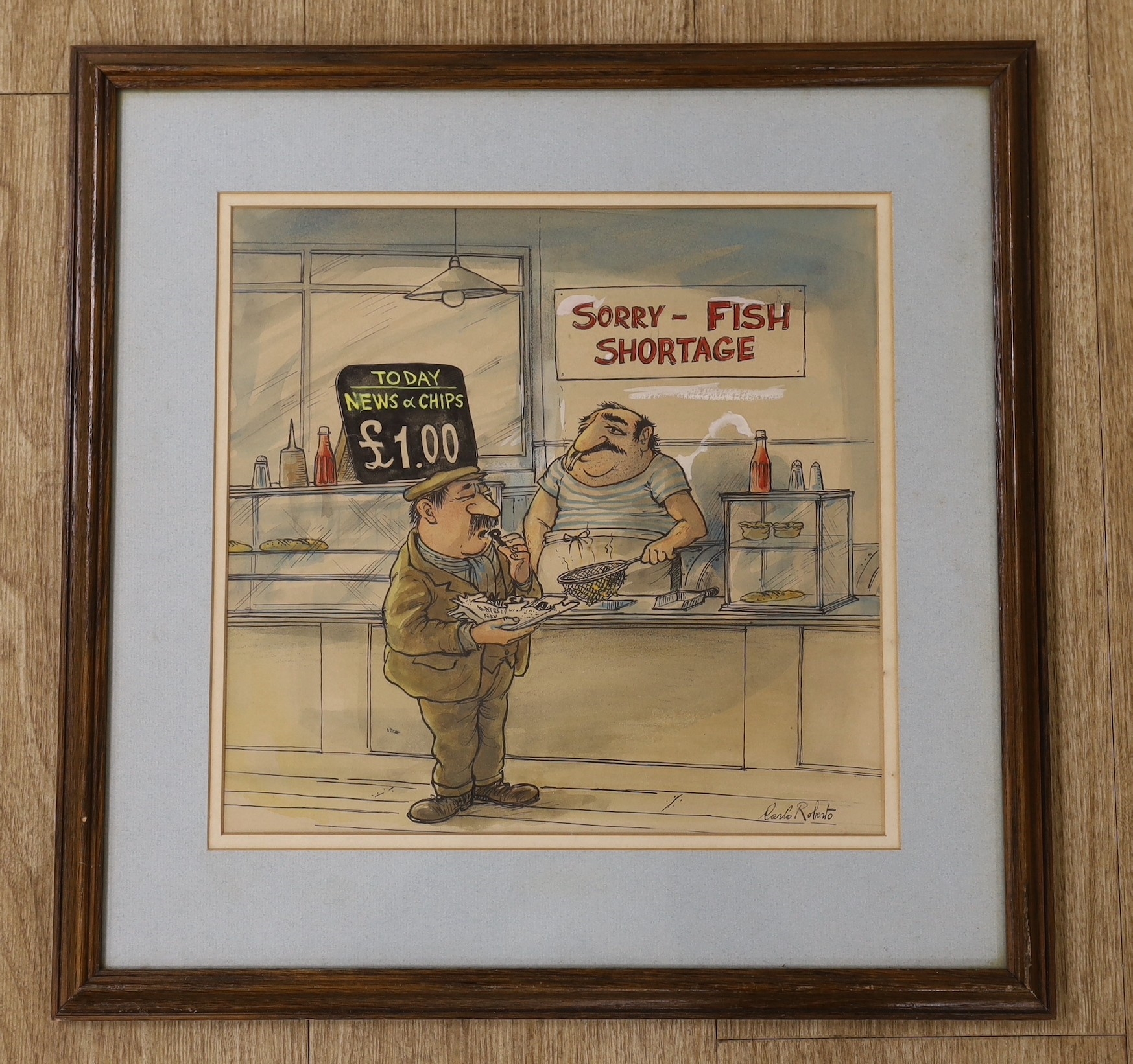 Carlo Roberto | Fish and Chip Shop caricature 'Fish Shortage' | MutualArt