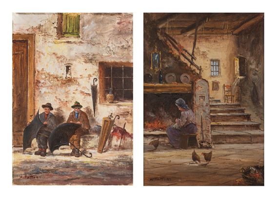 Mario Fattori | The umbrella makers; Rustic interior | MutualArt