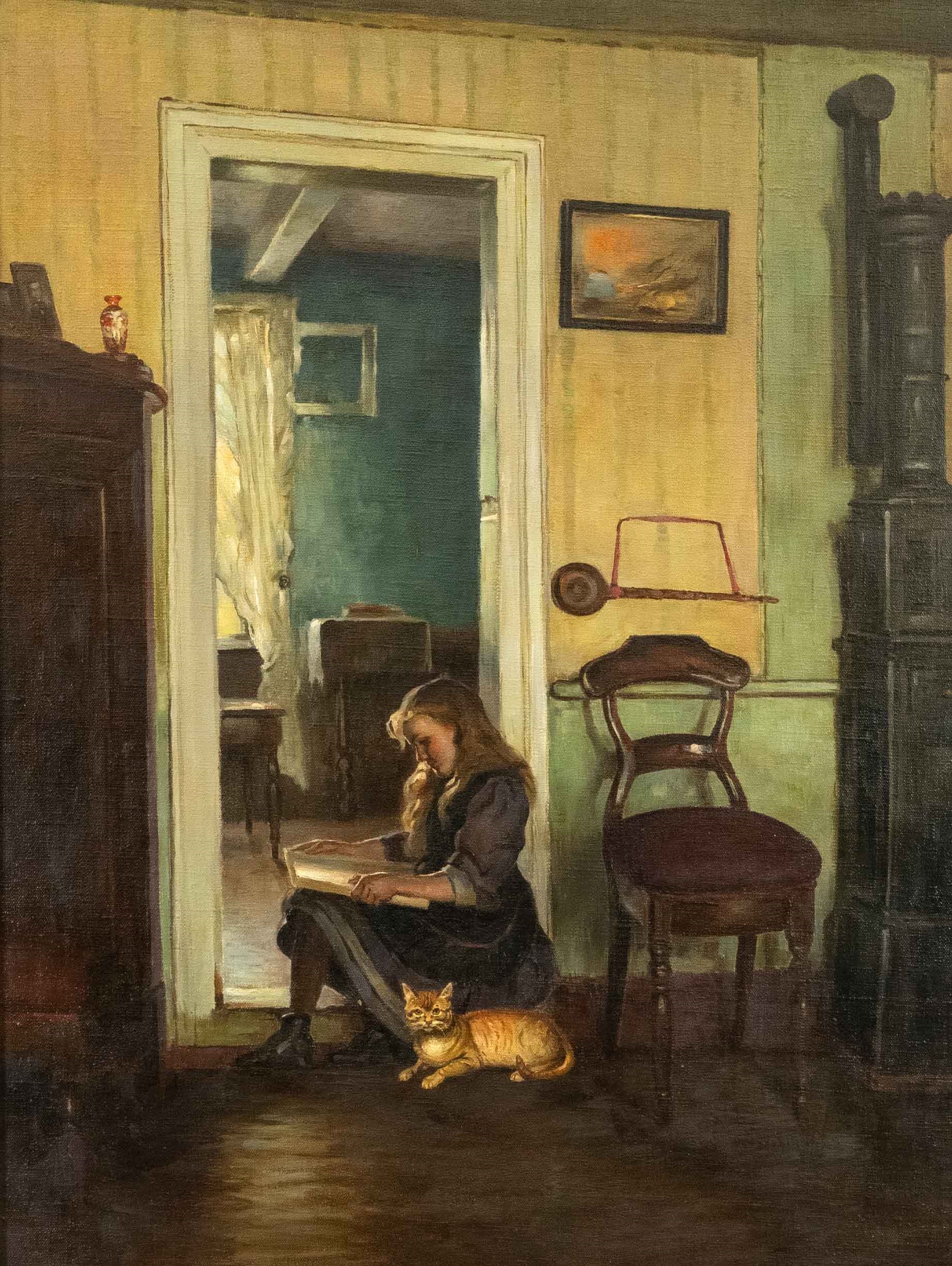 Friedrich Raupp | Interior with reading girl and cat | MutualArt