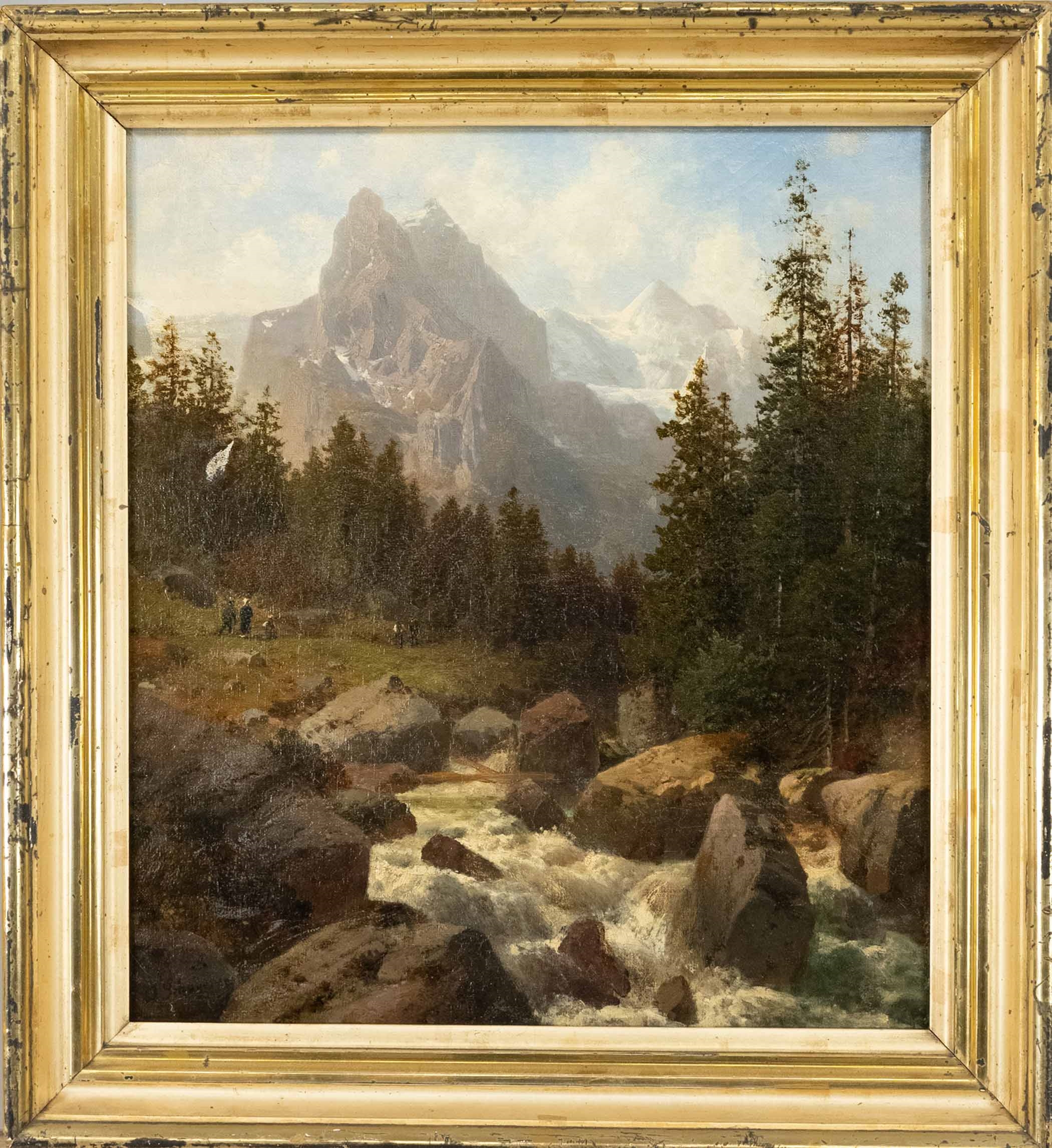 Josef Schoyerer | Alpine scene with torrent and hikers | MutualArt