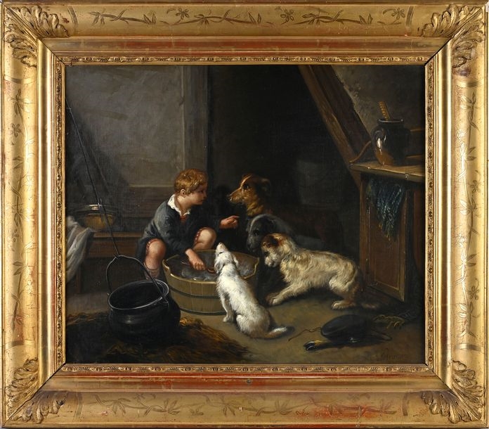 Zacharie Noterman | Young Boy Feeding Dogs Canvas, signed lower right ...