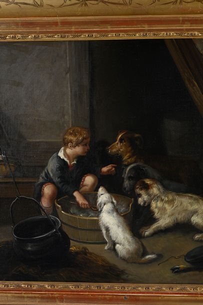 Zacharie Noterman | Young Boy Feeding Dogs Canvas, signed lower right ...