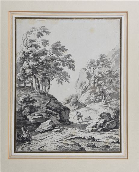 Philip James de Loutherbourg | A rocky defile by a stream with ...
